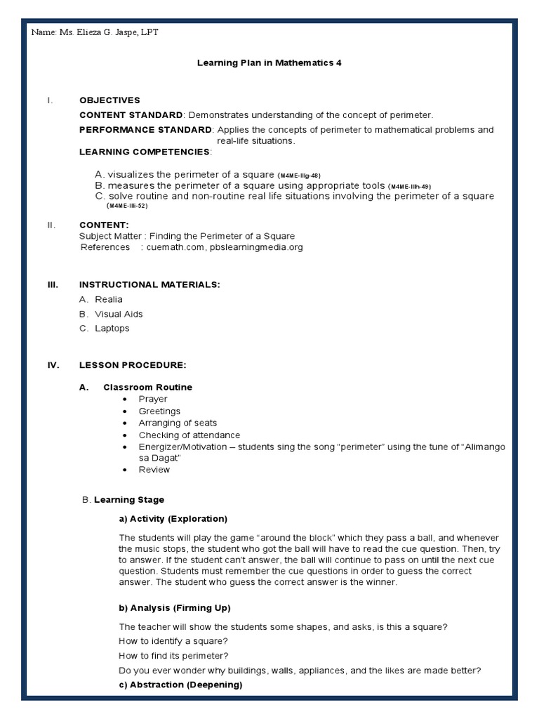 Grade 4-Math-Perimeter-Lesson Plan | PDF | Learning | Cognition