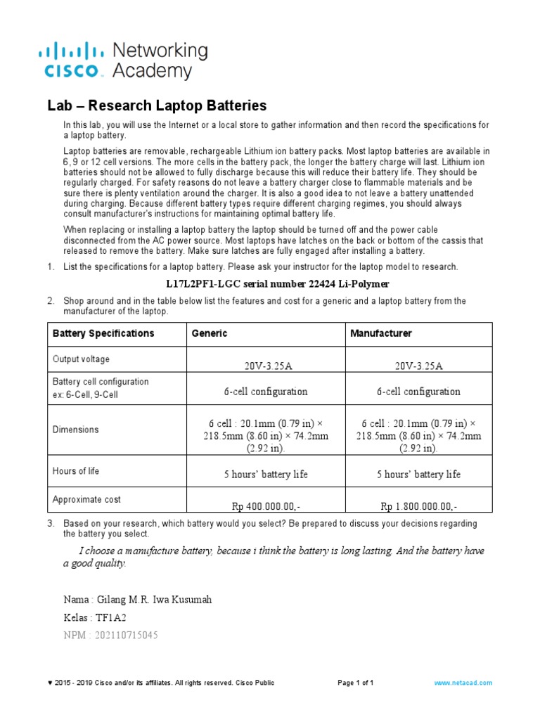 7.3.2.7 Lab - Research Laptop Batteries (Gilang M.R. Iwa Kusumah-TF1A2).docx | PDF | Lithium Ion ...