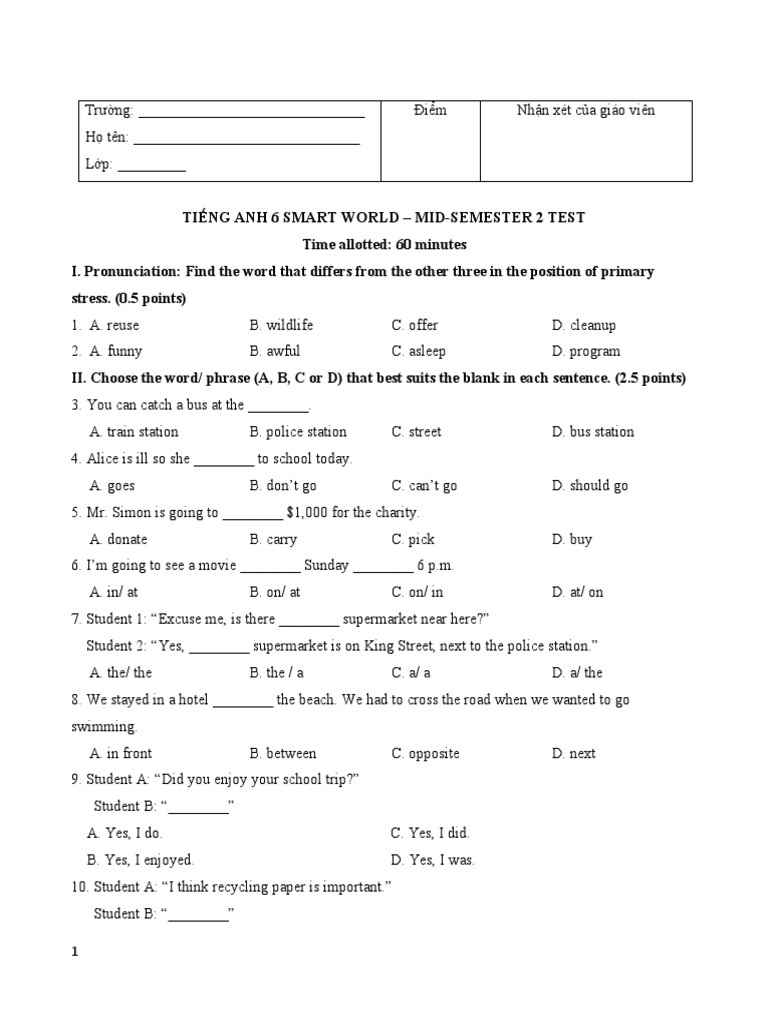 Đề KT giữa HK2 TA6 Smart World | PDF