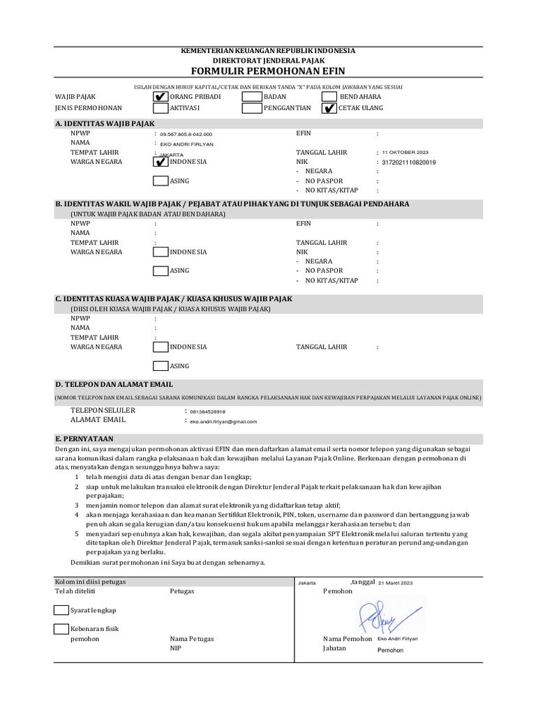 Form Permohonan EFIN Cetak Ulang PDF | PDF
