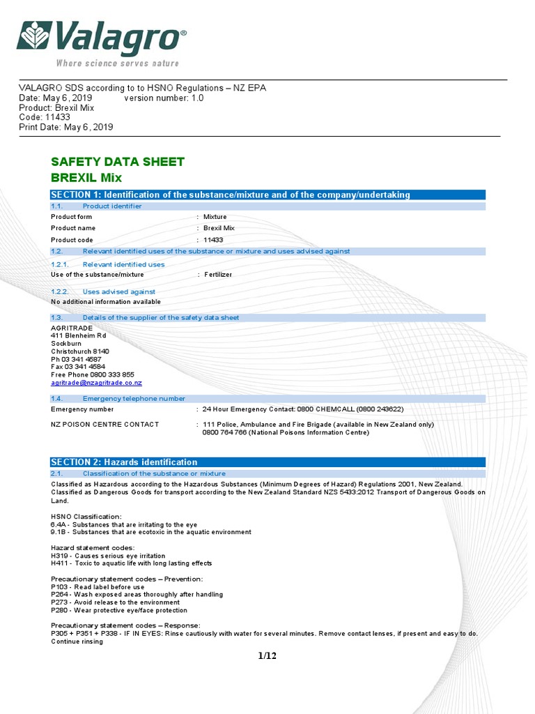 Brexil Mix (Agritrade) SDS | PDF | Dangerous Goods | Toxicity