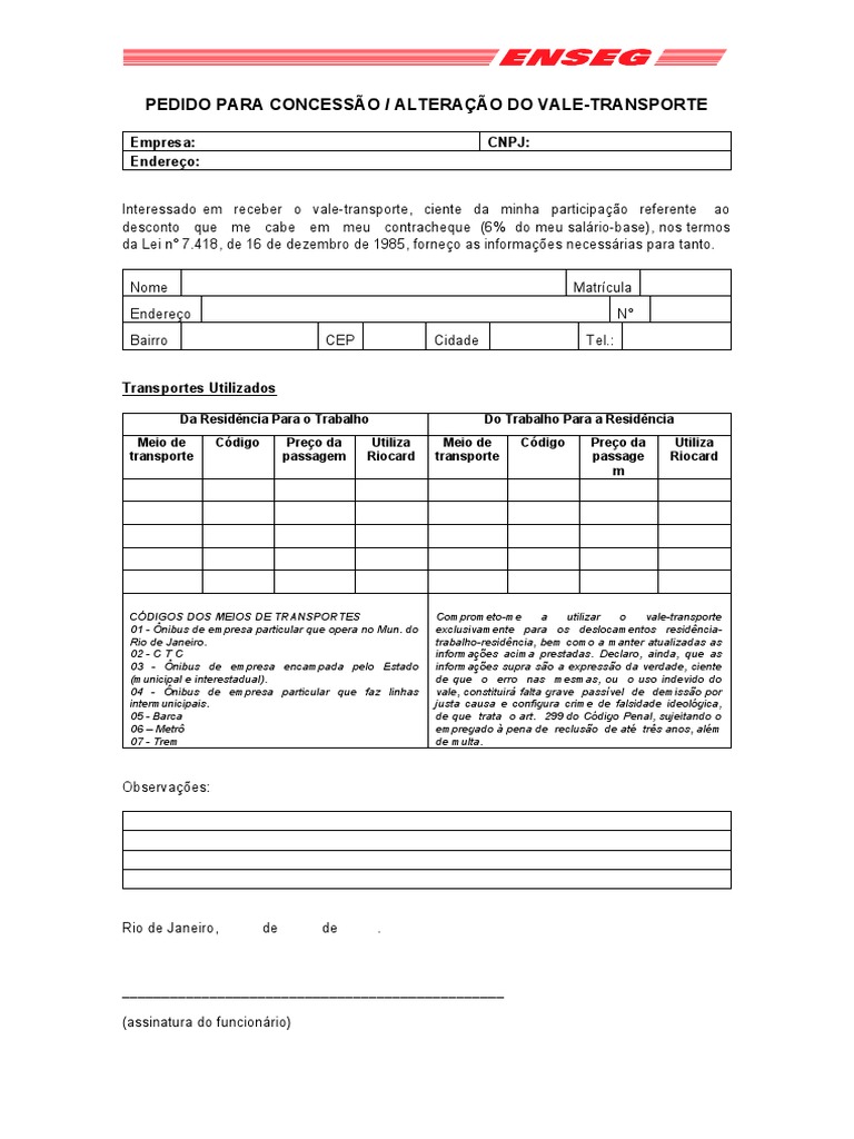 9 - Pedido para Concessão de Vale Transporte - JONATAN ESTEVAM | PDF ...