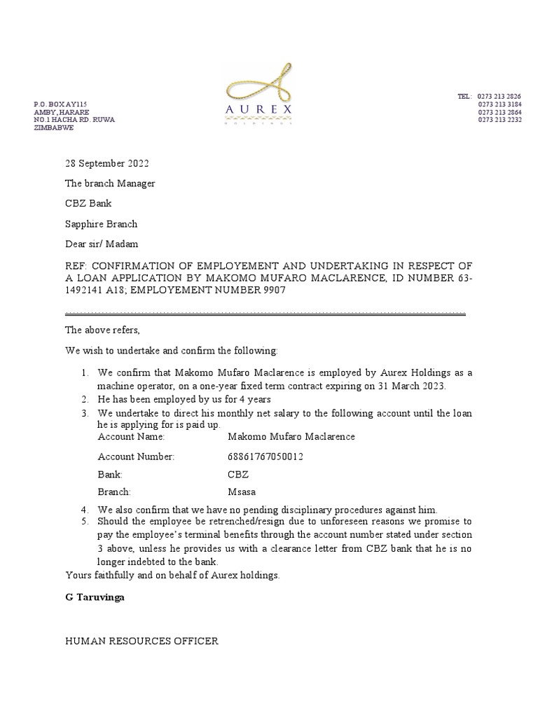 Employment Confirmation for Loan Application | PDF
