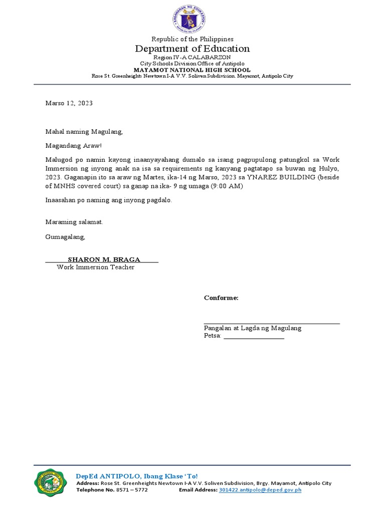 Parents Meeting Work Immersion | PDF