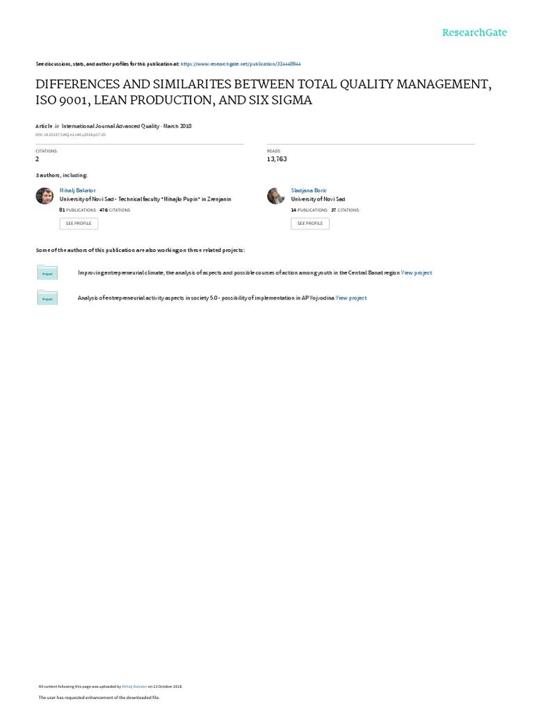 TQM, ISO 9001, Lean, and Six Sigma Insights | PDF | Quality (Business) | Six Sigma