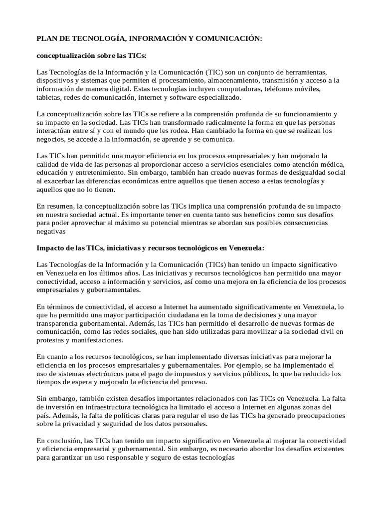 Plan de Tecnologia, Informacion y Comunicacion | PDF | Tecnología de información y ...