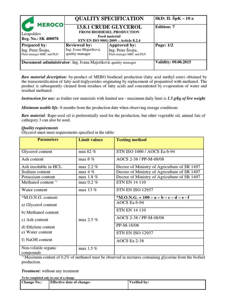 Quality Specification - Crude Glycerol - MRC PDF | PDF | Physical ...