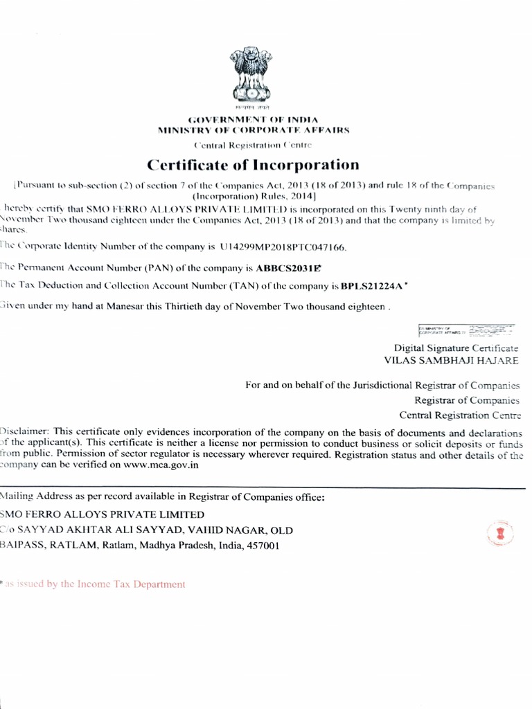 Incorporation Certificate PDF | PDF