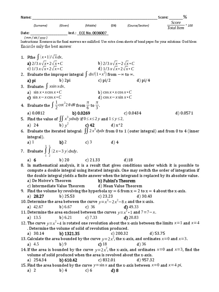 Review 1 Integral Calculus February 2020 - Set A - Answer Key | PDF ...