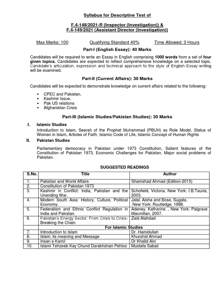 Syllabus For Descriptive Exam - F.4-148-2021-R and F.4-149-2021-R PDF | PDF | Pakistan