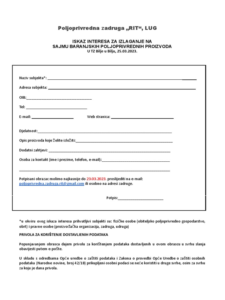 Obrazac Za Iskaz Interesa | PDF