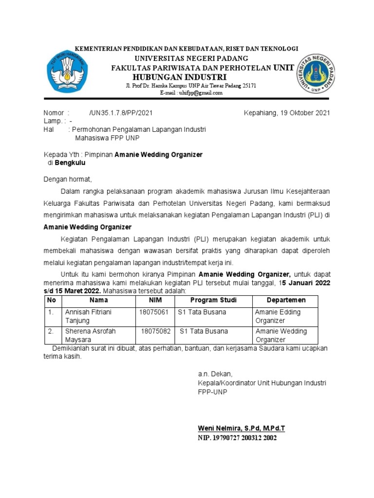 Permohonan PLI Mahasiswa FPP UNP | PDF