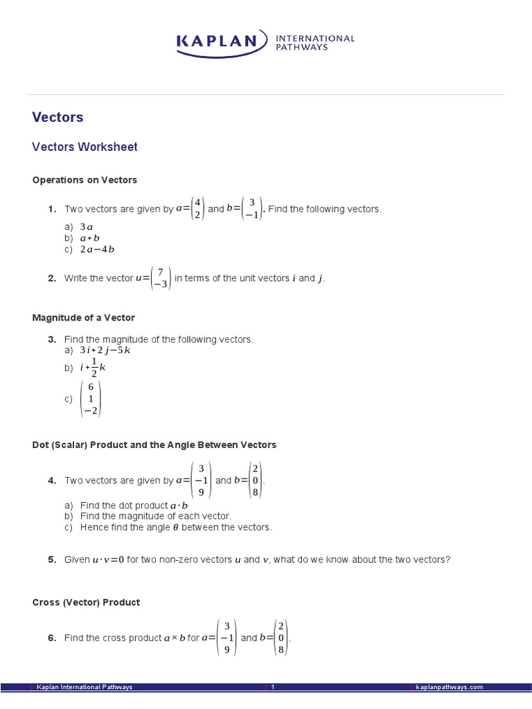 Vector Operations and Products Worksheet | PDF