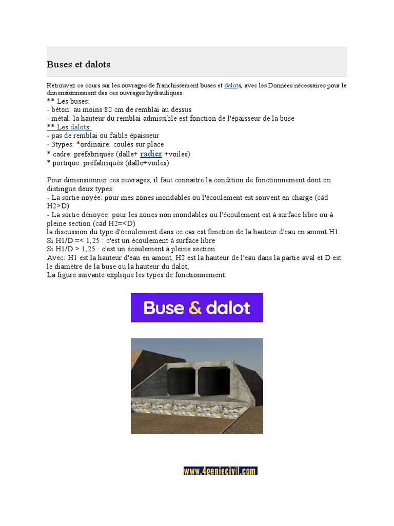 Dimensionnement des Buses et Dalots | PDF | Ingénierie mécanique ...
