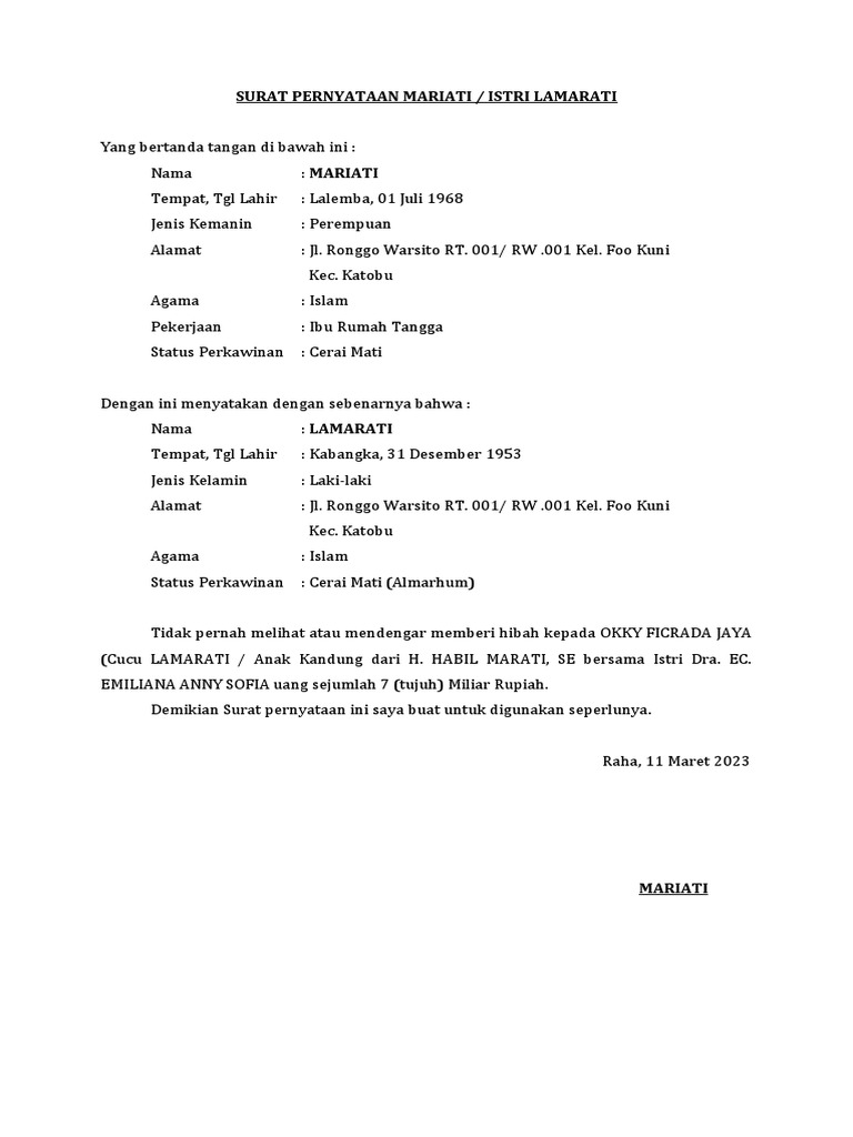 Surat Pernyataan Mariati | PDF