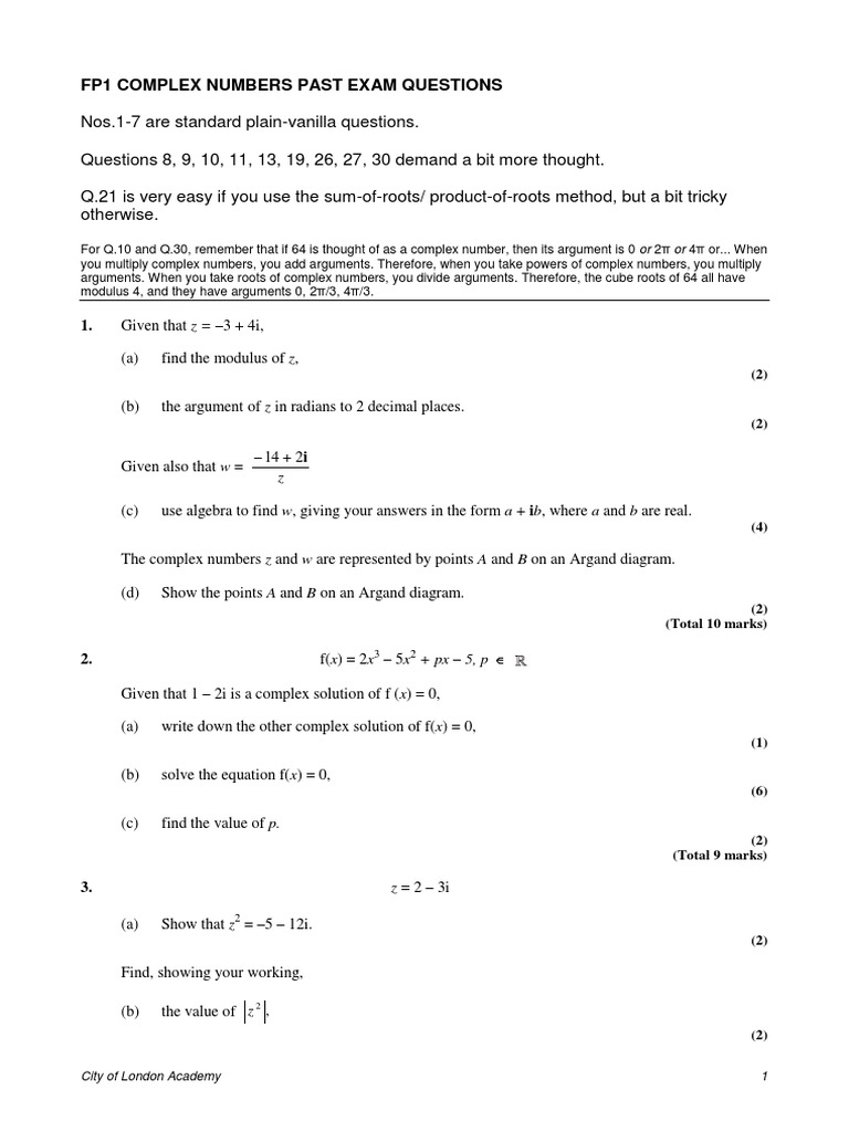 fp1 Complex Pastq PDF | PDF | Complex Number | Quadratic Equation