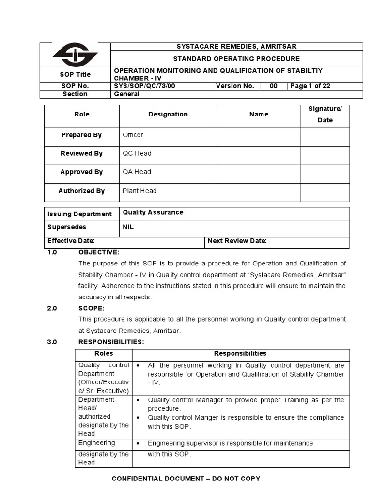 Operation and Qualification of Stability Chamber IV | PDF | User ...