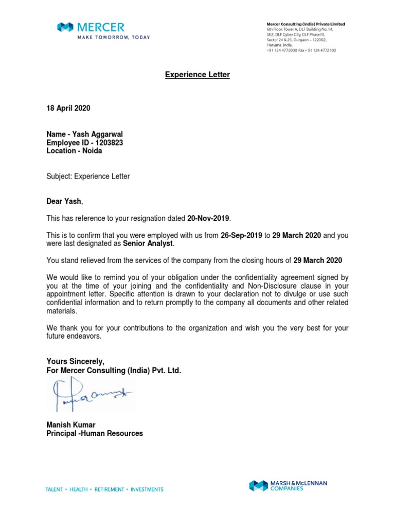 Mercer Experience Letter PDF | PDF