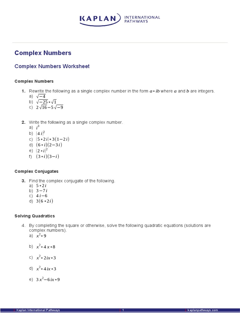 Complex Numbers - Worksheet | PDF