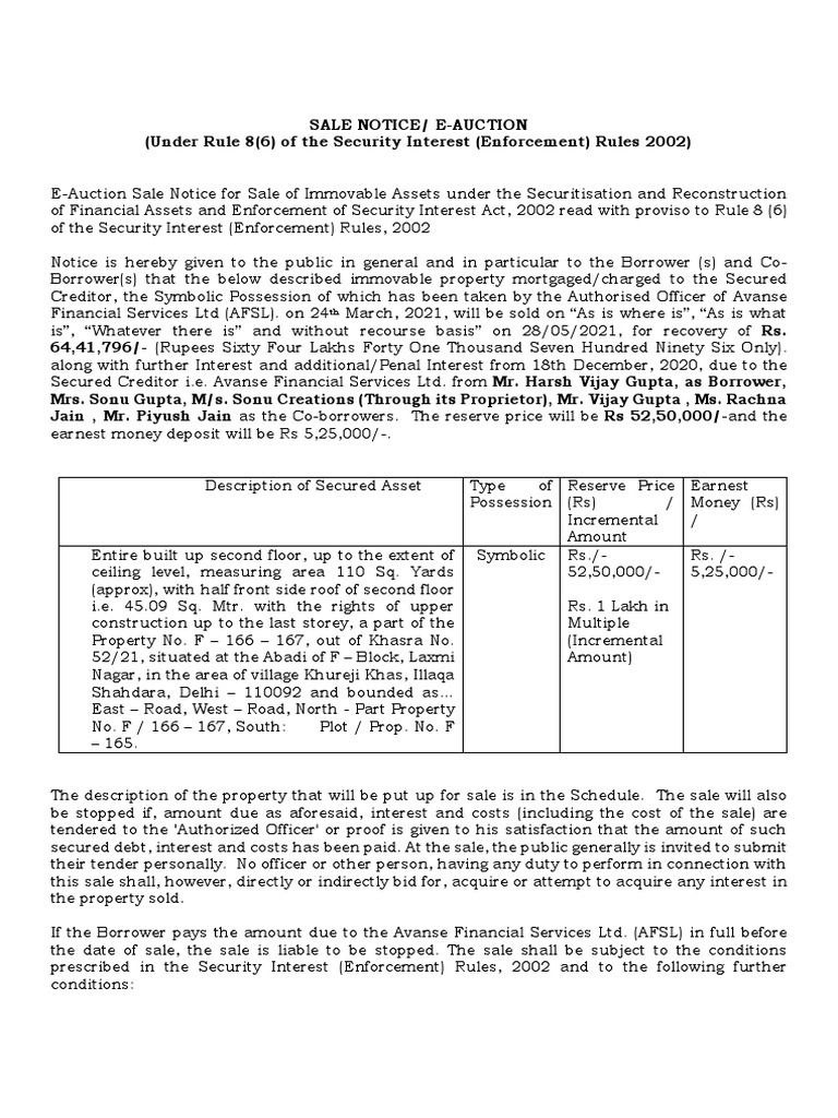 Sarfaesi Sale Notice | PDF | Security Interest | Auction