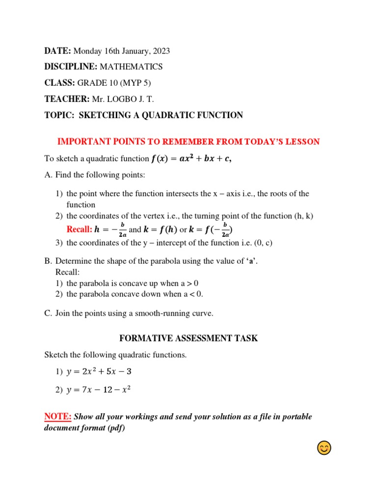 Grade 10 Sketching A Quadratic Function | PDF