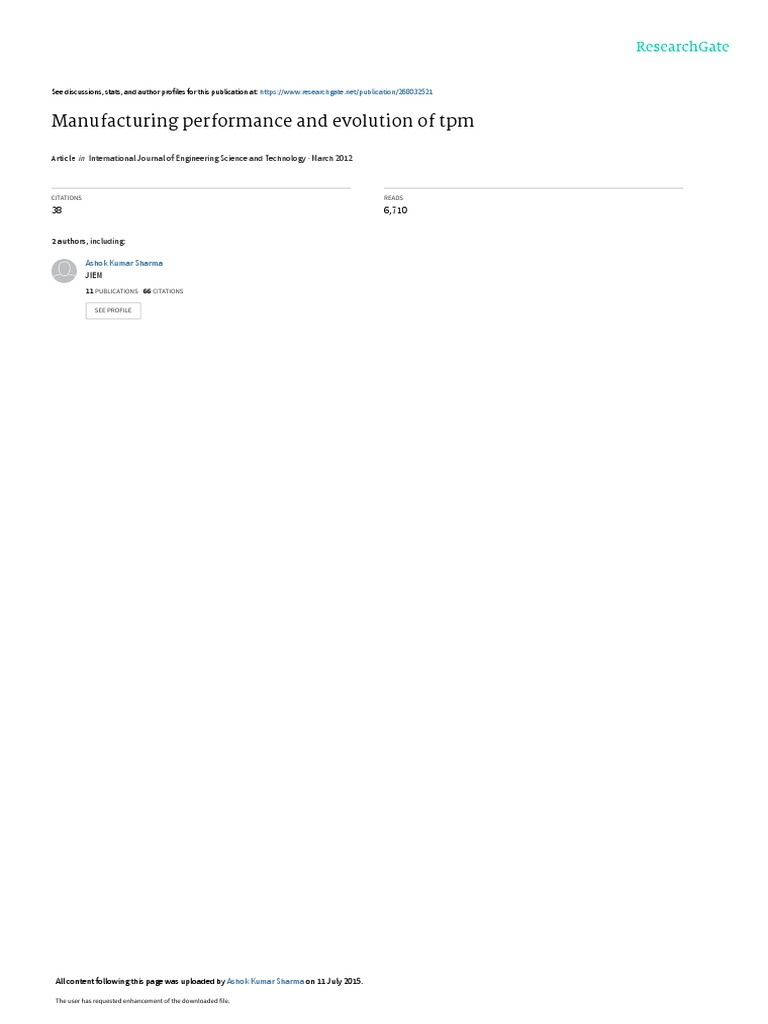 Manufacturing Performance and Evolution of TPM | PDF | Reliability Engineering | Performance ...