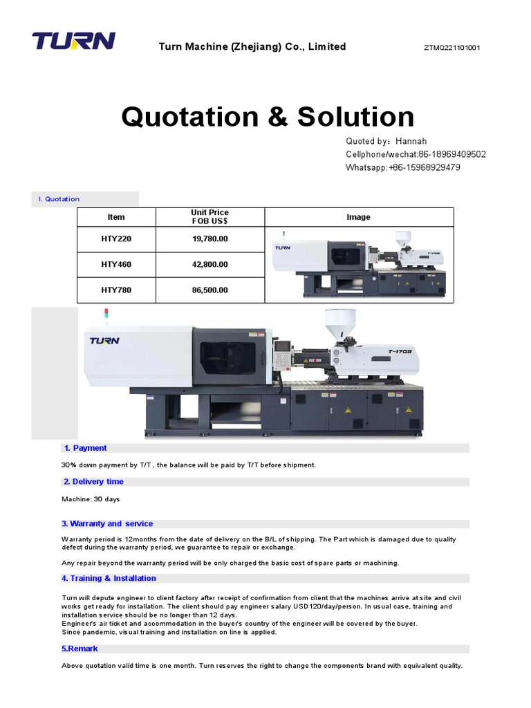 TURN HTY Injection Molding Machine Quotation11-1-2022 PDF | PDF ...