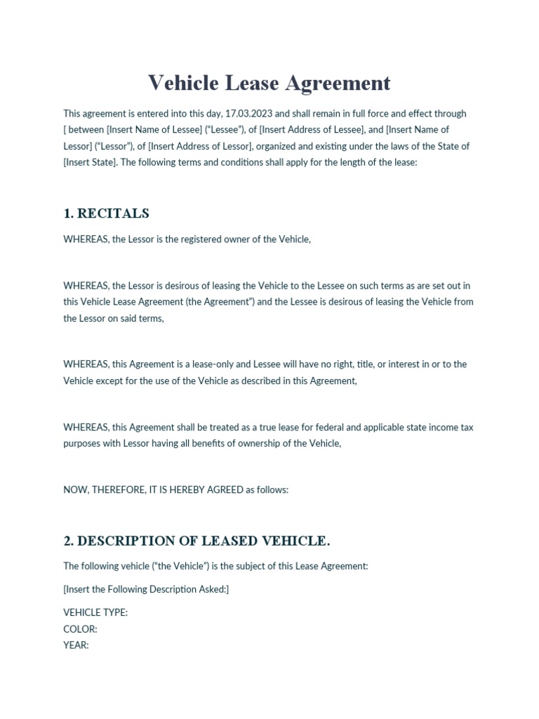 Vehicle Lease Agreement Pdf Lease Vehicle Insurance