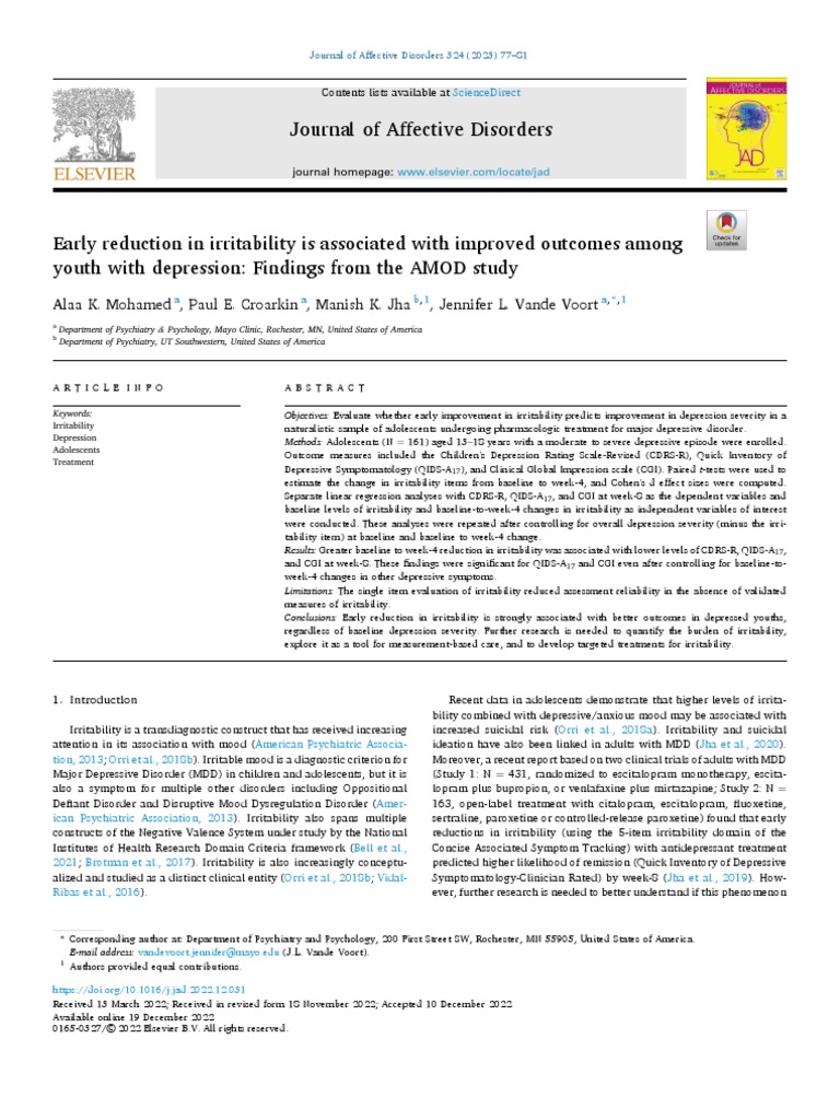 Journal of Affective Disorders: Alaa K. Mohamed, Paul E. Croarkin ...
