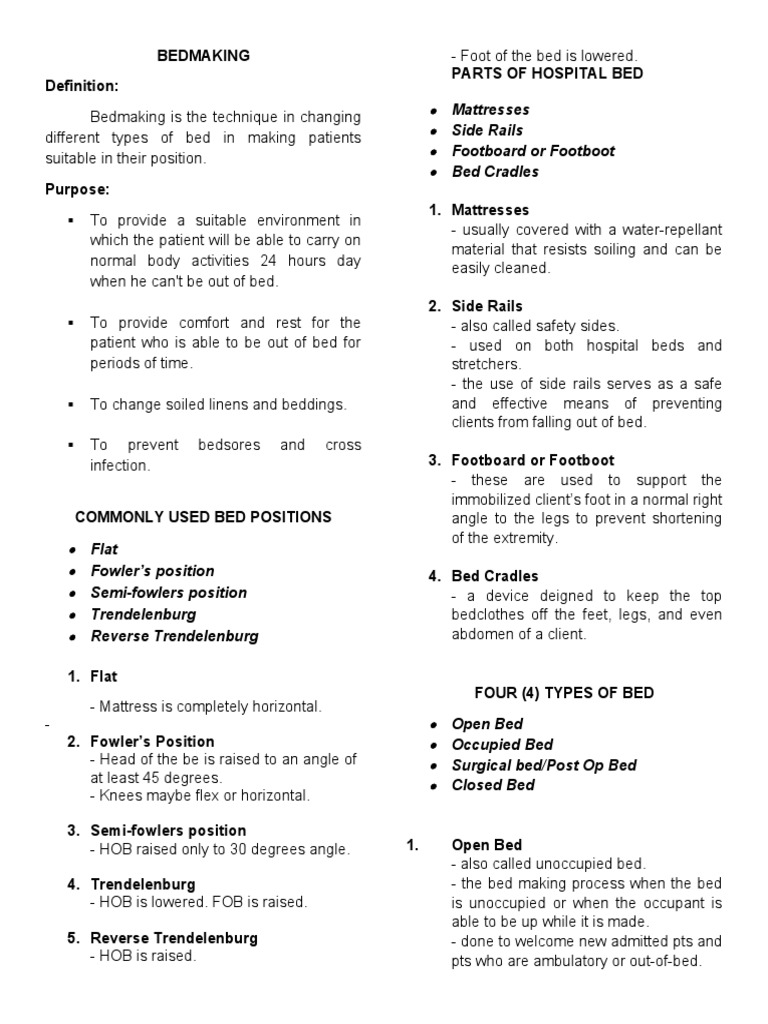 Hospital Bed Parts and Bedmaking Positions | PDF | Bed | Bedding
