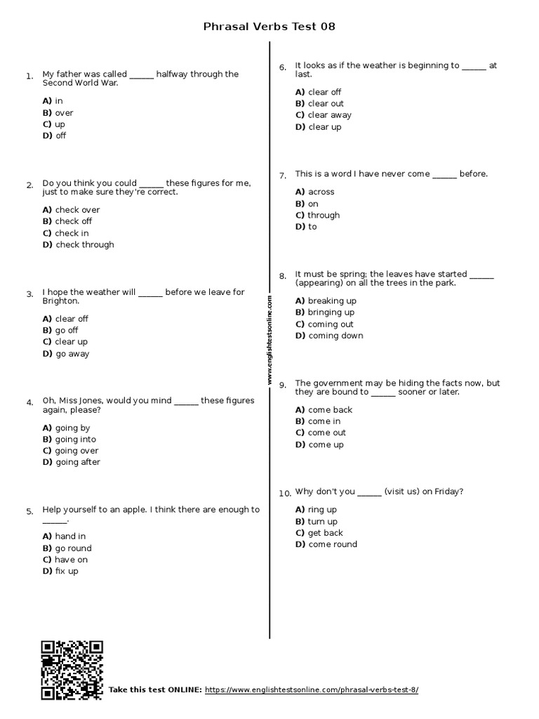 Phrasal Verbs Test 08 Quiz | PDF