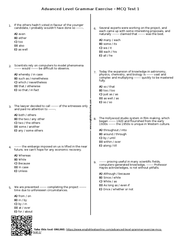 824 - Advanced Level Grammar Exercise MCQ Test 1 PDF | PDF | Science