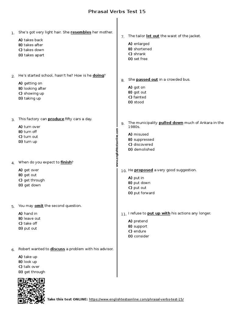 Phrasal Verbs Quiz and Answers | PDF
