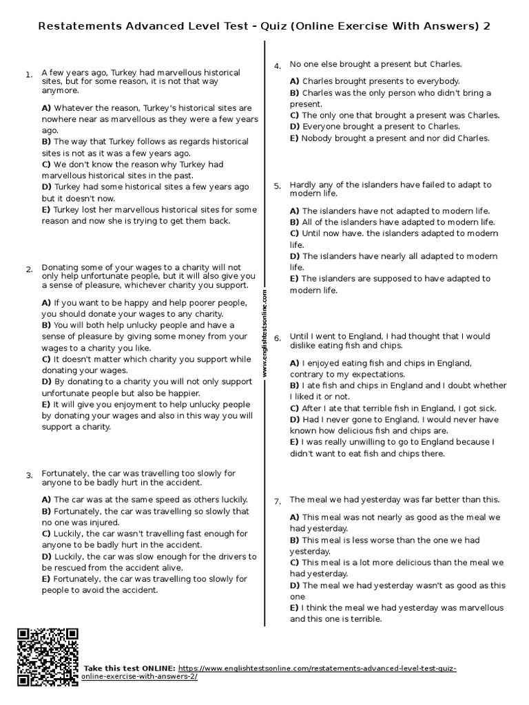 385 - Restatements Advanced Level Test Quiz Online Exercise With ...
