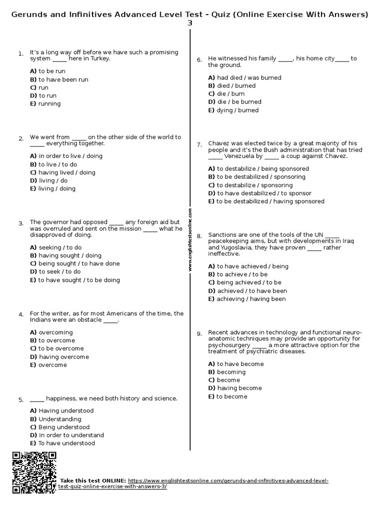 Advanced Gerunds and Infinitives Quiz | PDF | Medical Specialties ...