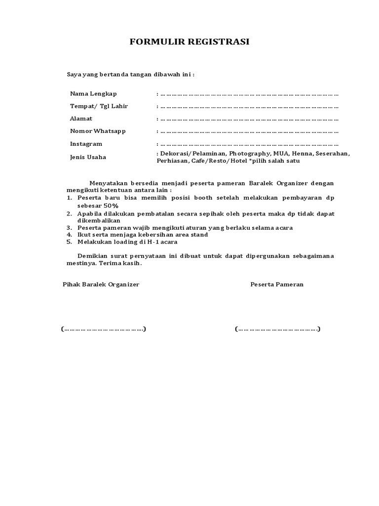 FORM REGISTRASI PESERTA PAMERAN | PDF
