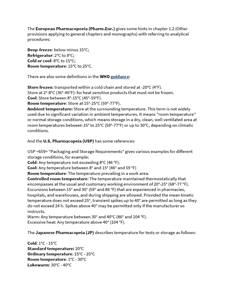 Temperature Guidelines for Pharmaceuticals | PDF | Freezing | Refrigerator