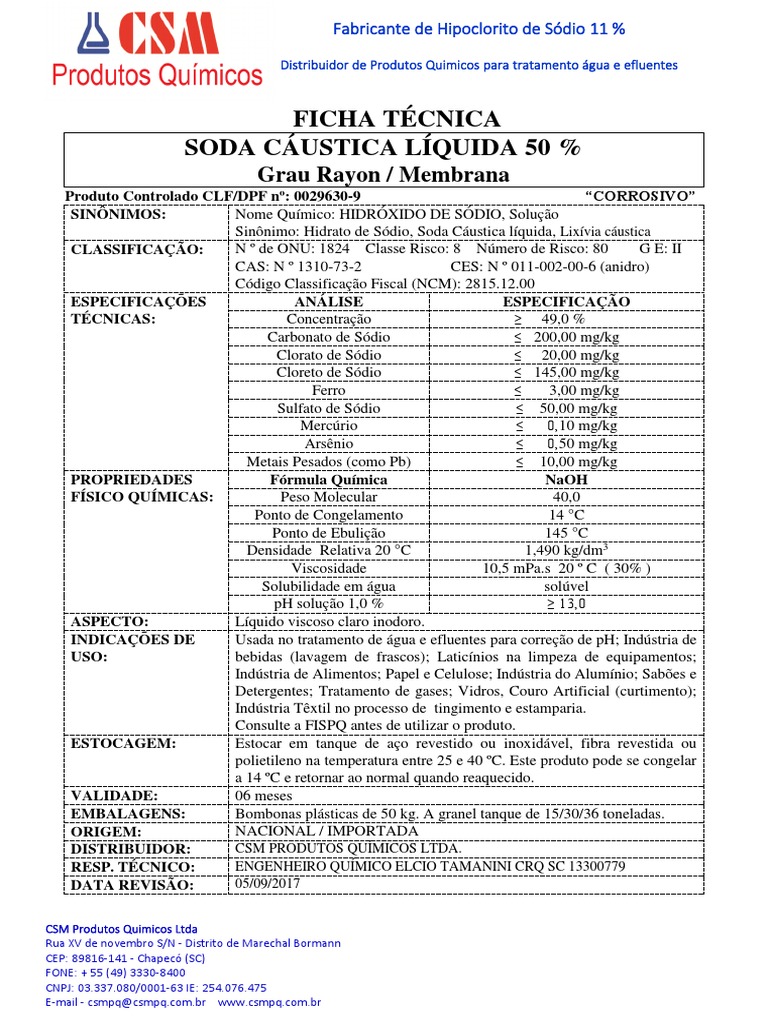 Ficha Técnica Soda Cáustica Líquida | PDF | Hidróxido de sódio ...