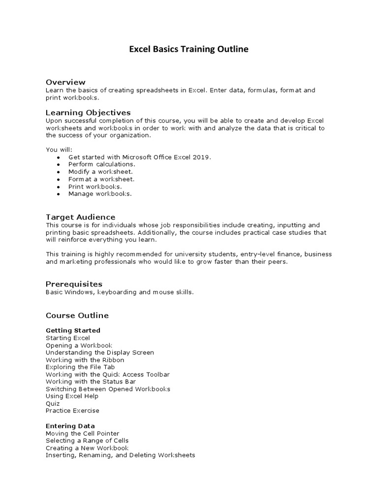 Excel Training Outline | PDF | Microsoft Excel | Spreadsheet