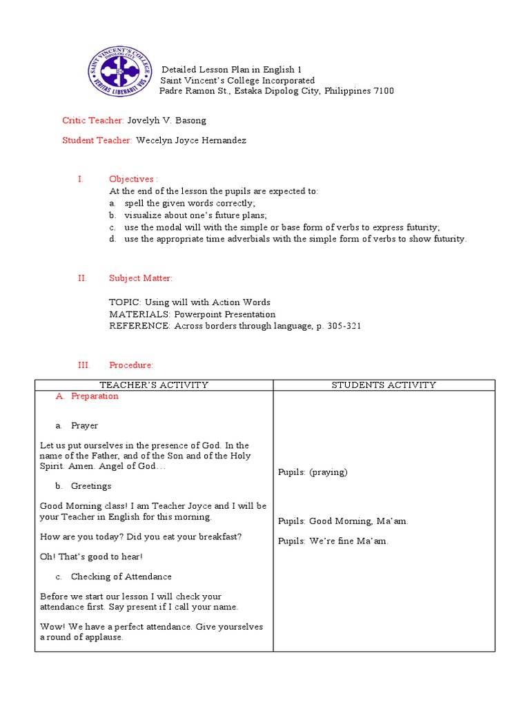 Detailed Lesson Plan in English 1 | PDF | Verb | Subject (Grammar)