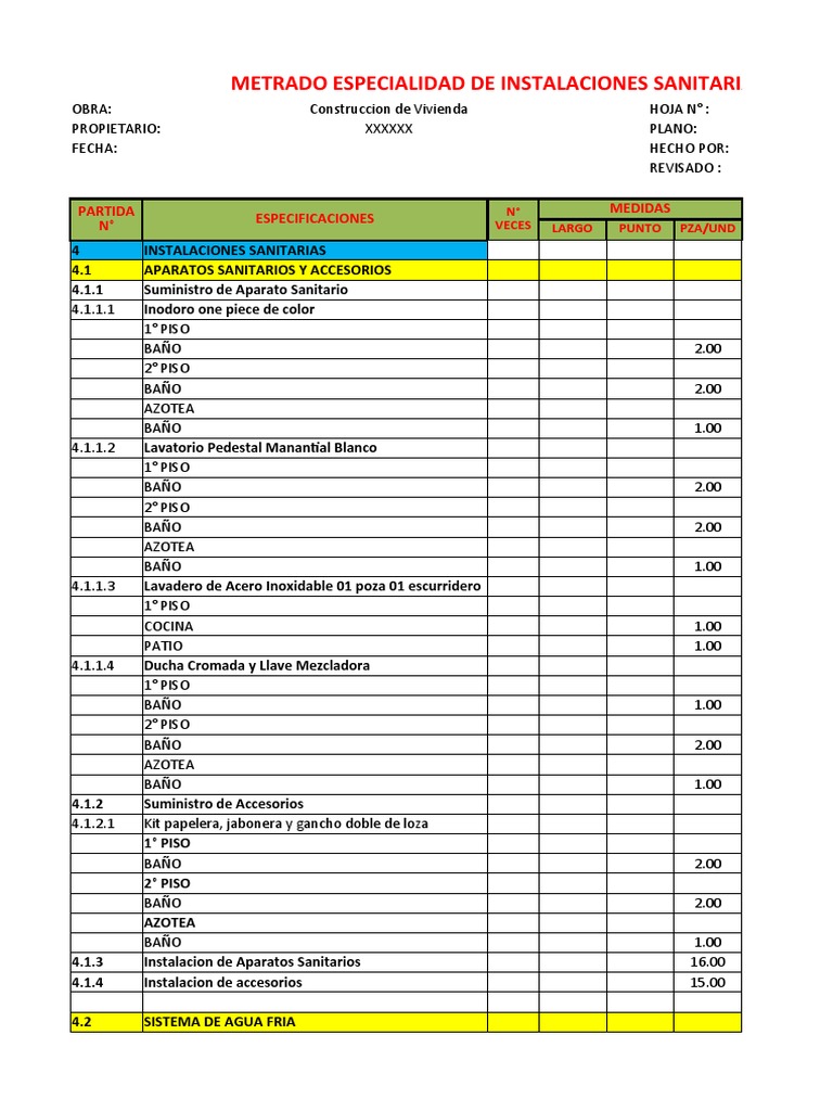 Planillas Metrados Instalaciones Sanitarias | PDF | Materiales | Ingeniería Ambiental