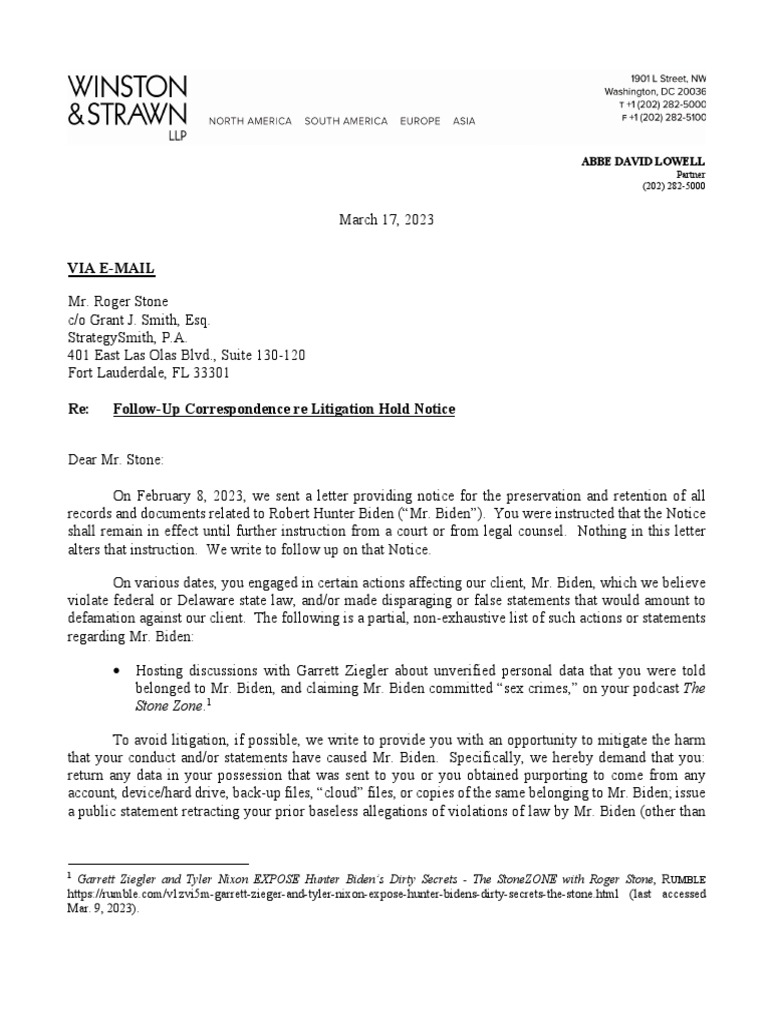 2023.03.17 Letter To R. Stone Re Follow-Up To Litigation Hold Notice ...