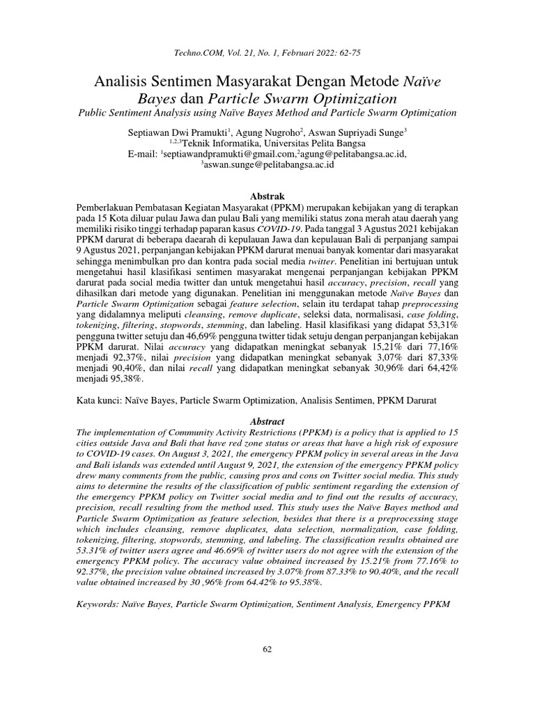 Analisis Sentimen Masyarakat Dengan Metode Naïve Bayes Dan Particle Swarm Optimization Public