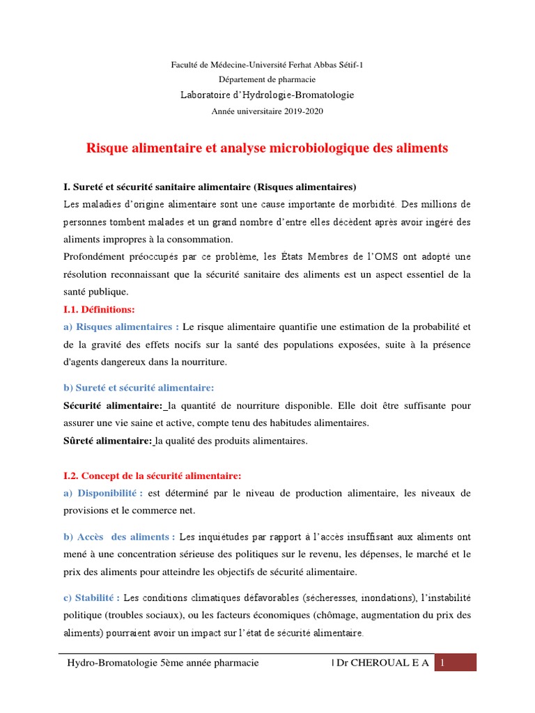 cours Hydrobromatologie 5ème année pharmacie Risque alimentaire et analyse microbiologique des ...