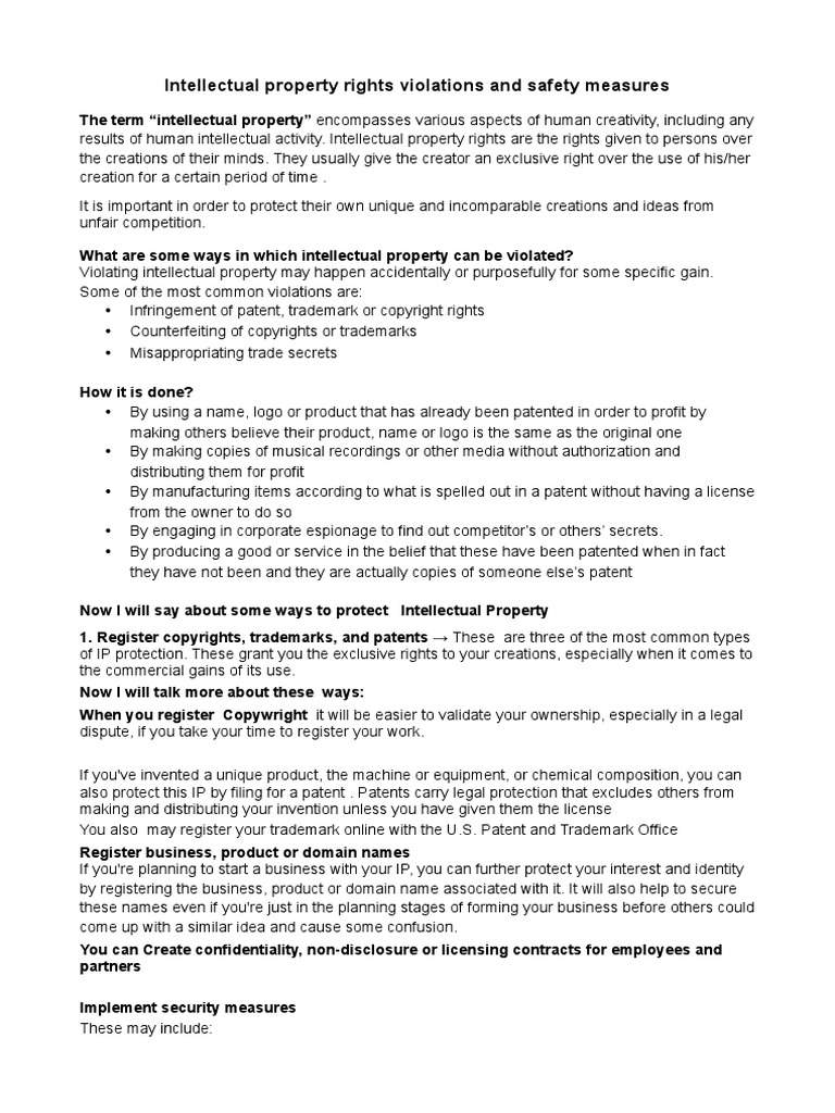 Intellectual Property Rights Violations and Safety Measures - Odt | PDF ...