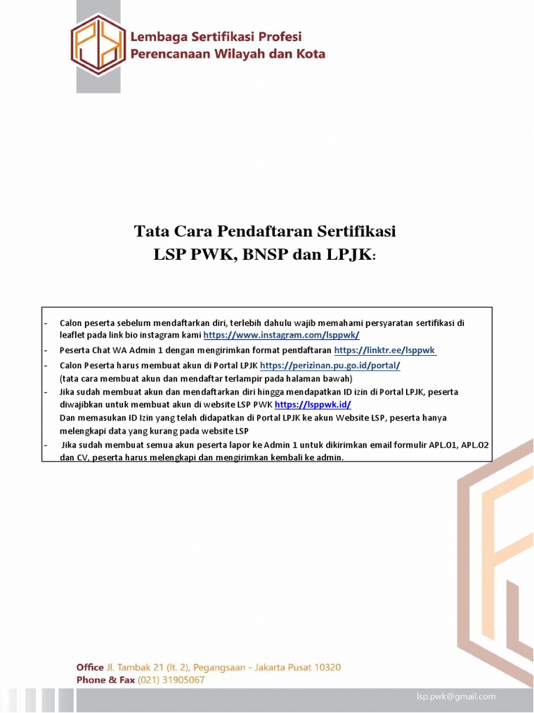 Tata Cara Pendaftaran LSP PWK, BNSP, LPJK PDF | PDF | Bisnis | Pengelolaan Keuangan & Uang