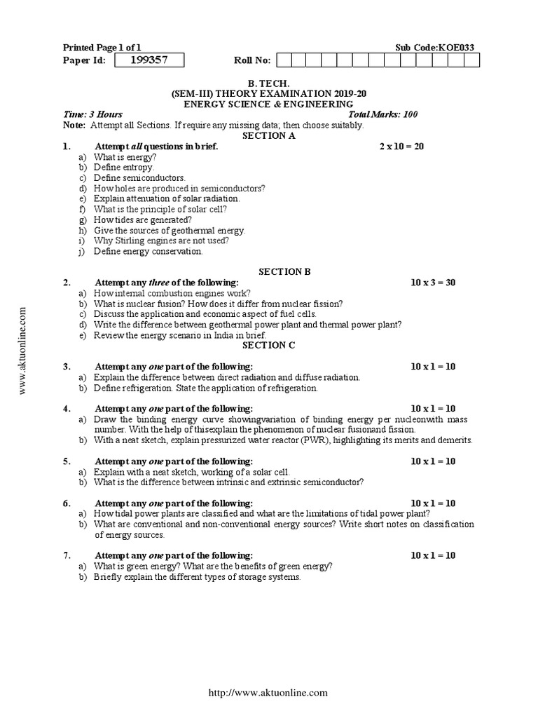 AKTU Energy Science Exam Paper 2019-20 | PDF | Energy Development ...
