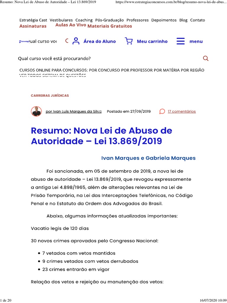 Resumo - Nova Lei de Abuso de Autoridade - Lei 13.869 - 2019 PDF | PDF