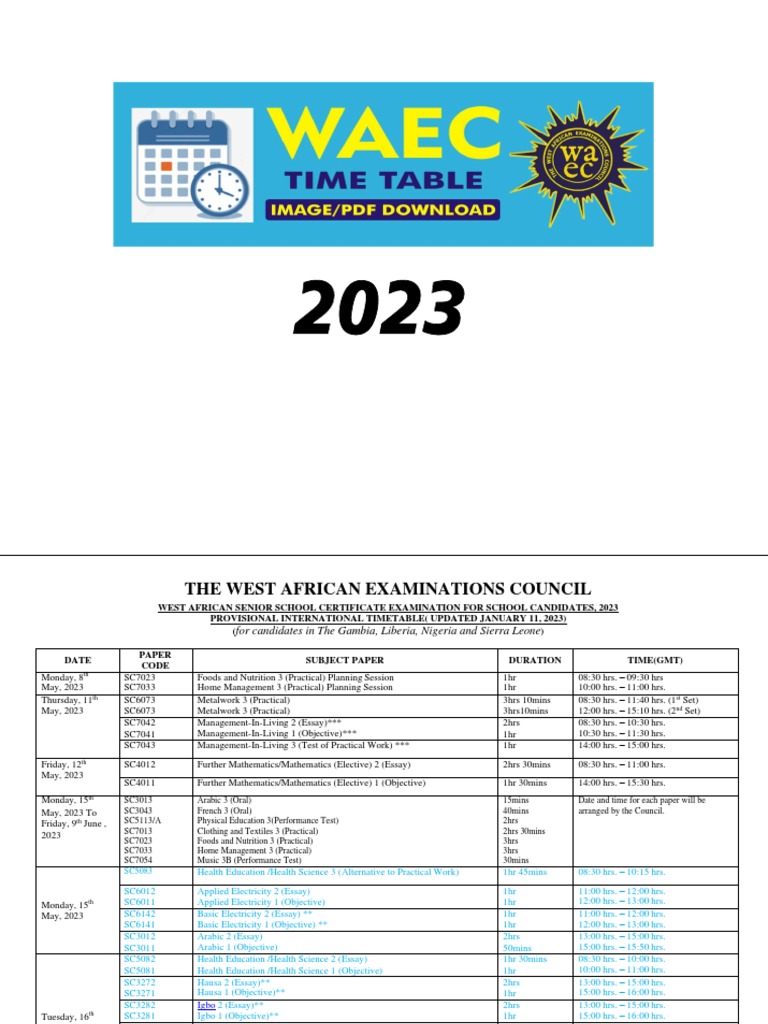 WAEC Timetable 2023 for Science Students | PDF | Plumbing | Science