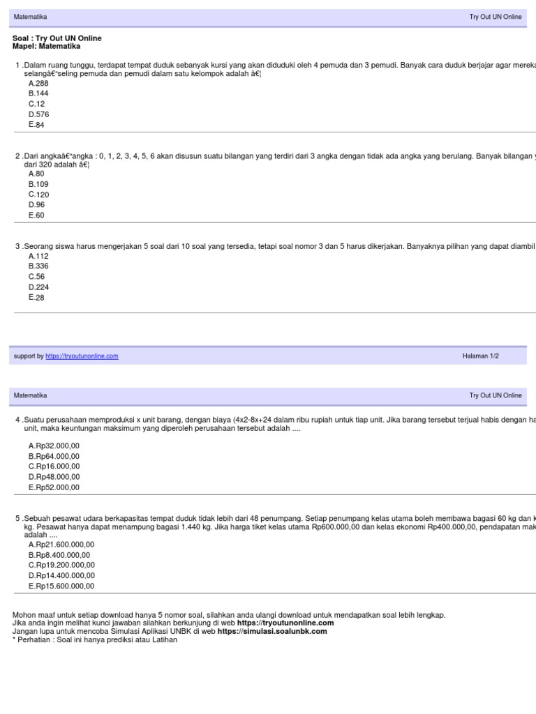 SOAL-Try Out UN Online Matematika PDF | PDF
